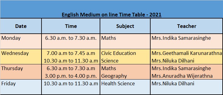 Online Class Grade 7 Time Table 17-21th May - Harischandra College