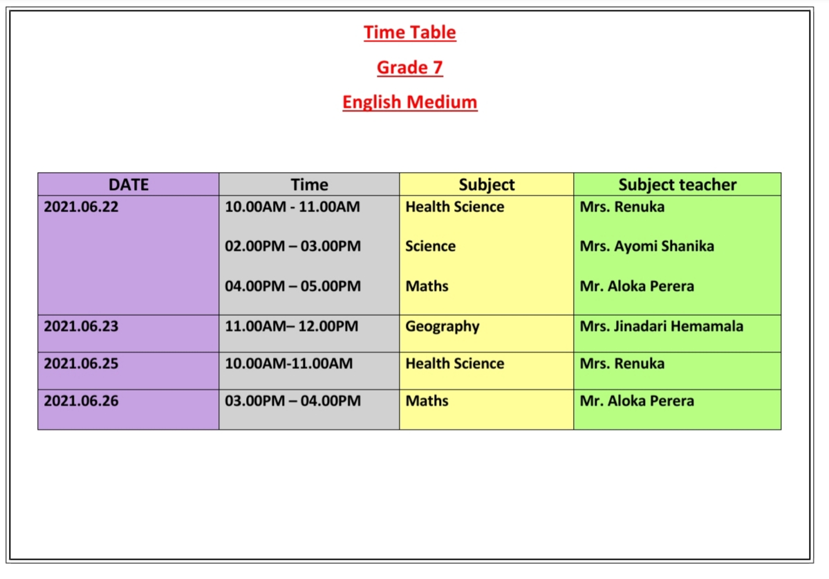 Online Class Grade 7 Time Table 21-25th May - Harischandra College